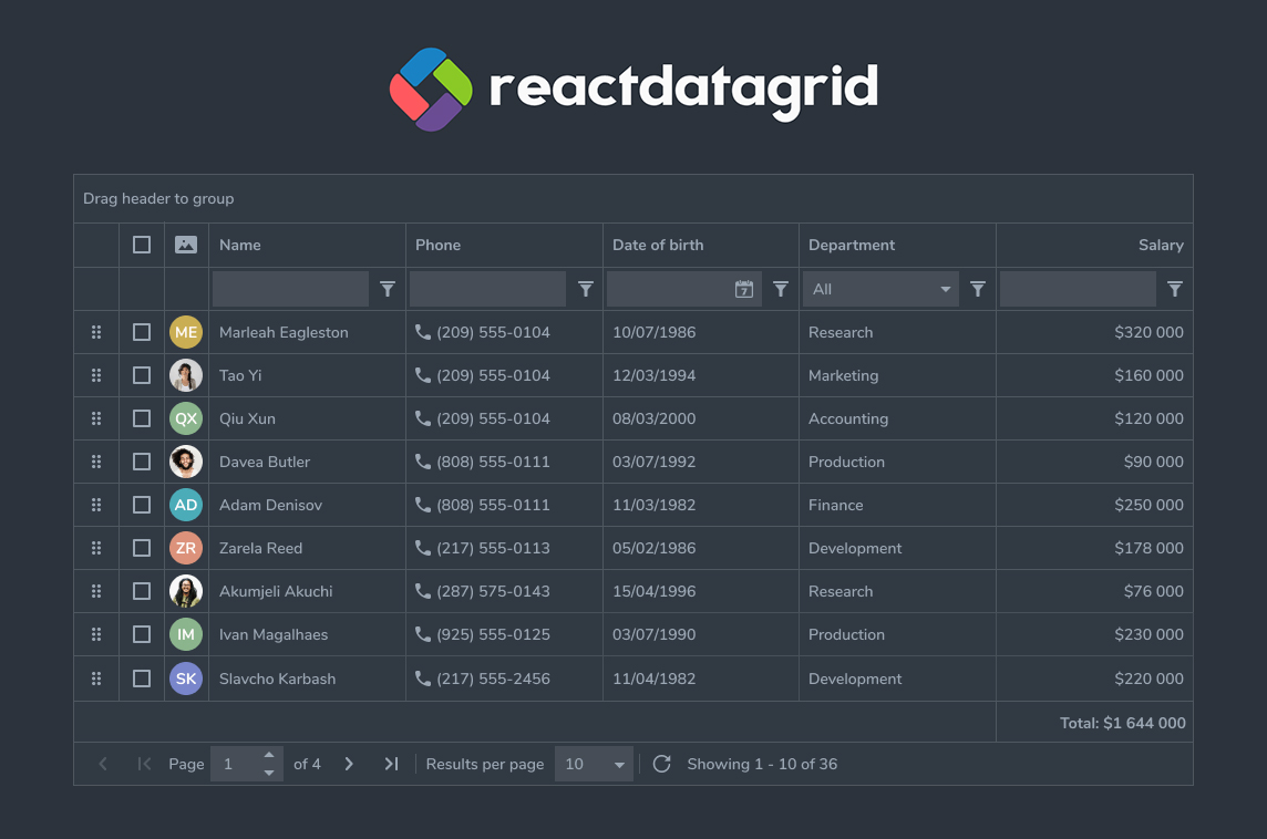 React Data Grid Datatable Component Made With React js
